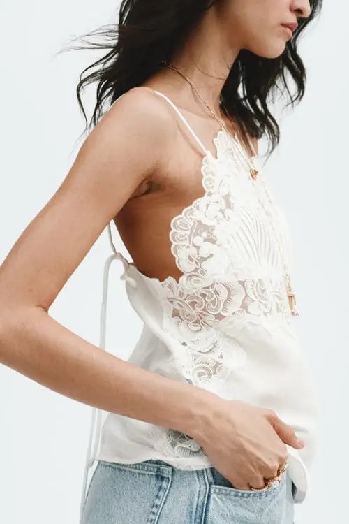 H&m Linen-blend Lace-detail Square Neck Camisole
