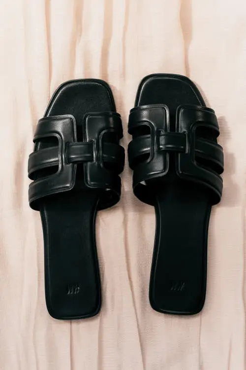 H&m Padded Interwoven Strap Sandals With Square Toe - Black