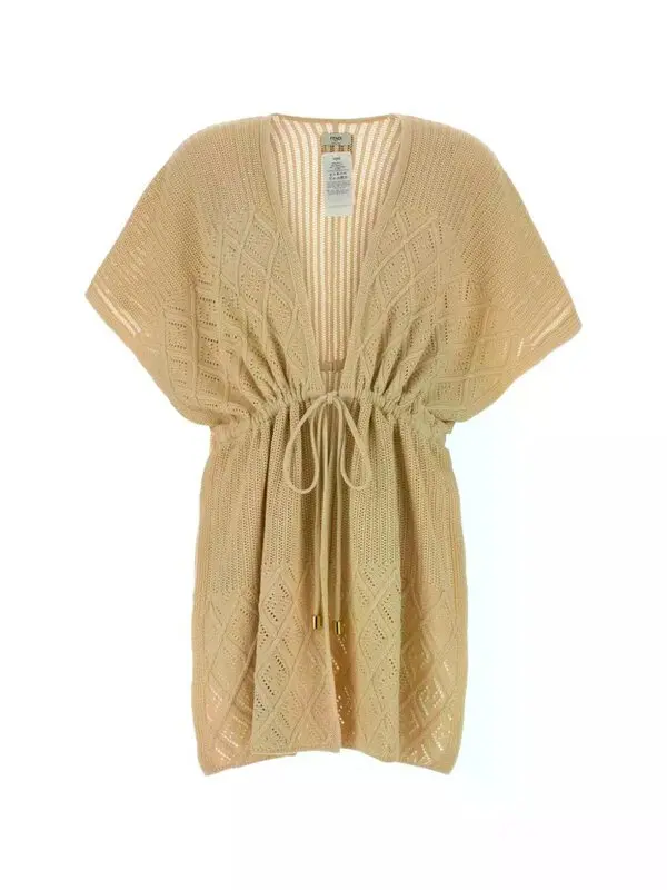 Fendi Pointelle Knit Drawstring Poncho - Neutrals