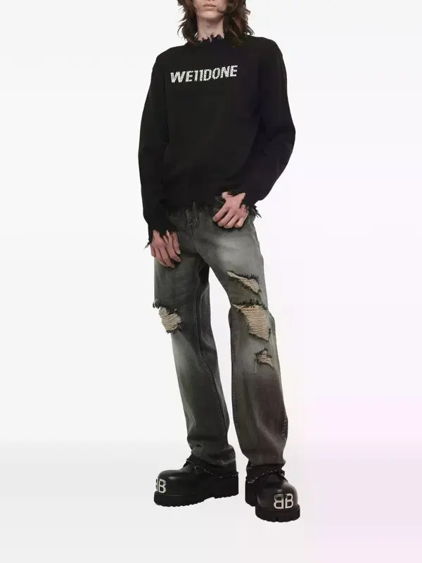 We11Done Rhinestone Embellished Distressed V-neck Sweater