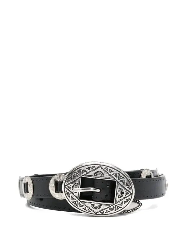 GOLDEN GOOSE Washed Leather Belt With Hammered Studs And Metallic Appliqu - Black