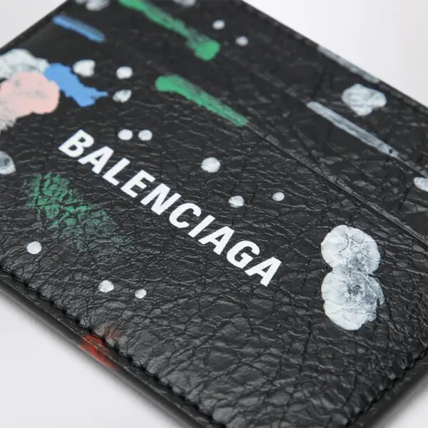 Balenciaga Cash Leather Card Holder With Painter's Print - Black