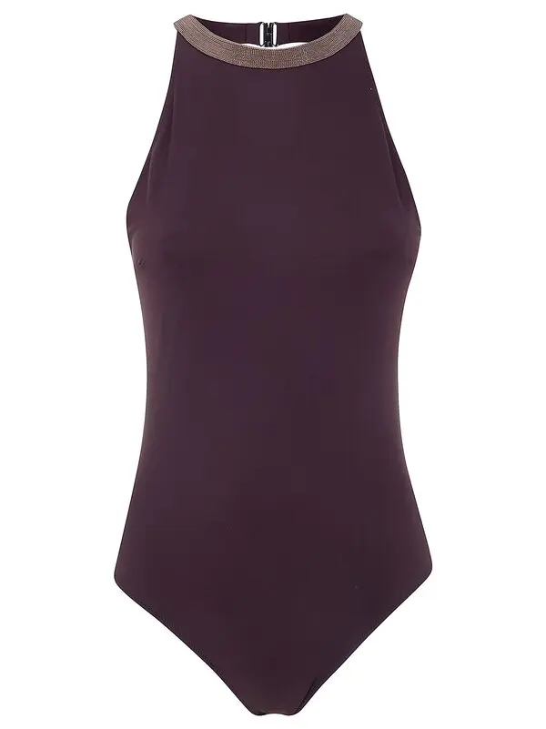 Brunello Cucinelli Embellished Highneck One Piece Swimsuit - Brown