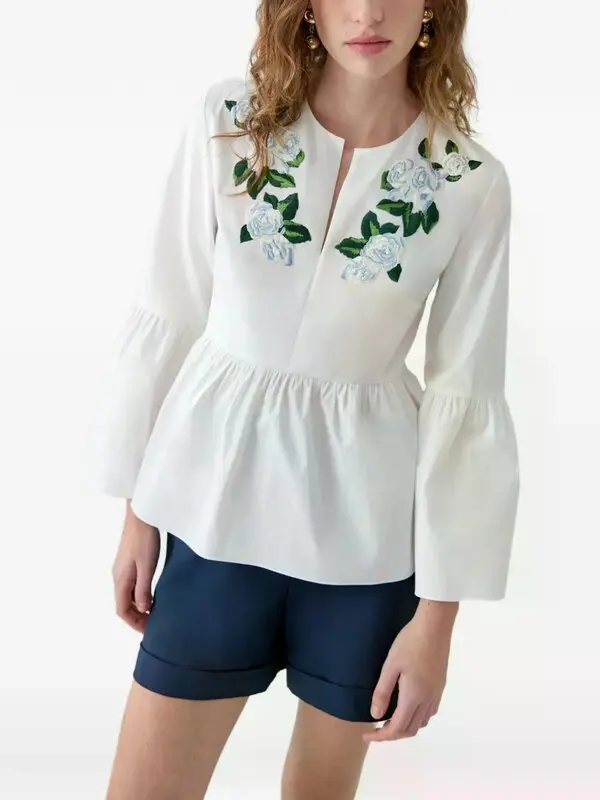Carolina Herrera Floral Embroidered Bell Sleeve Top