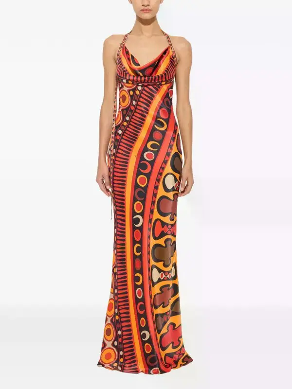 Emilio Pucci Orange Satin Maxi Dress With Soleil Print - Red
