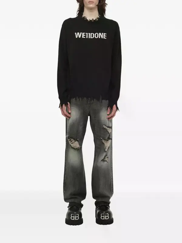 We11Done Rhinestone Embellished Distressed V-neck Sweater