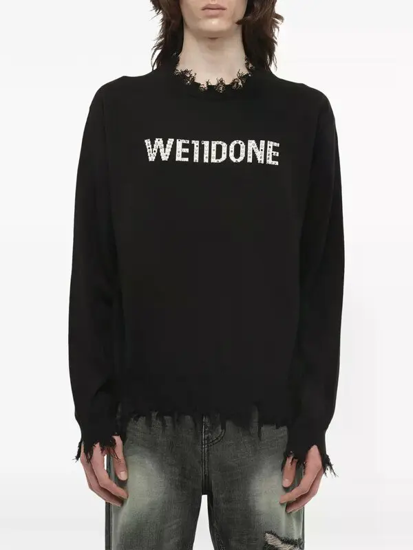 We11Done Rhinestone Embellished Distressed V-neck Sweater