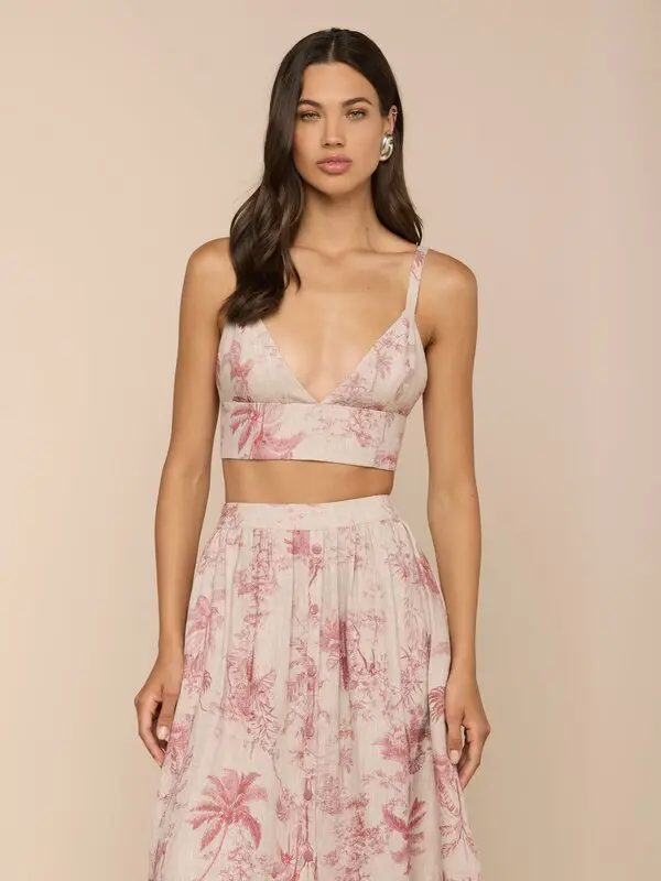 L'Agence Kaori Linen Bralette Top - Tan Multi Textured Jungle Toile