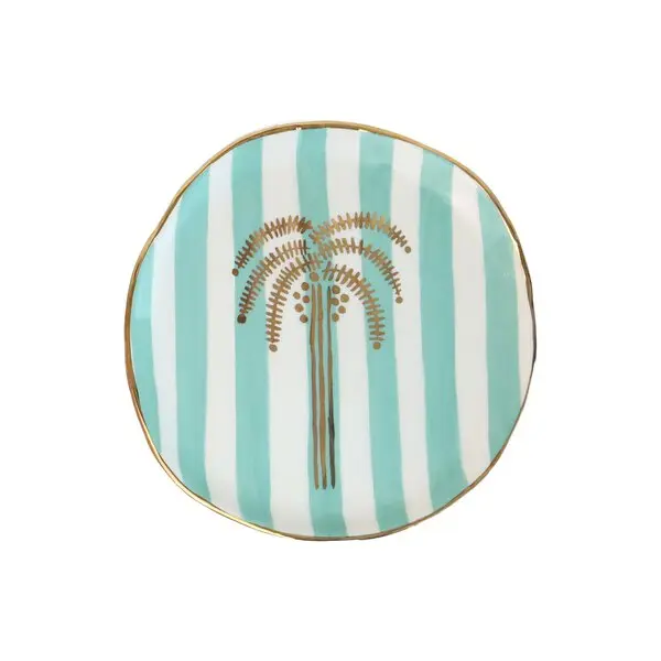 SHERIE BOUTIK Gold Palm Tree + Turquoise Stripe Plate - Blue/yellow