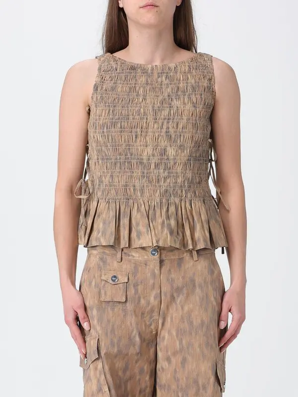 GANNI Ruched Peplum Top - Beige