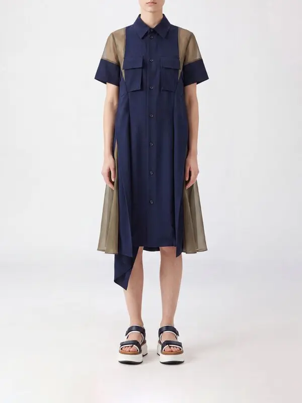 Sacai Cotton Blend Chemisier Dress - Navy