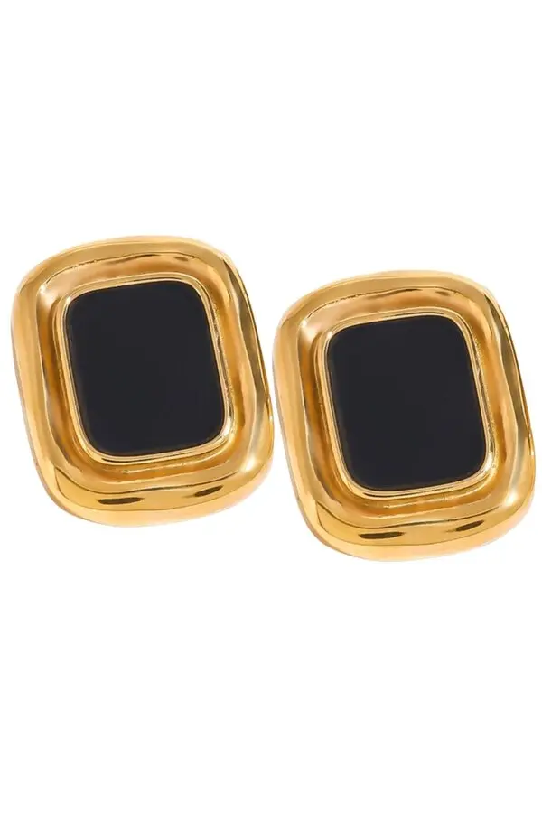ARELLA Claudia Tone Black Enamel Square Earrings - Gold