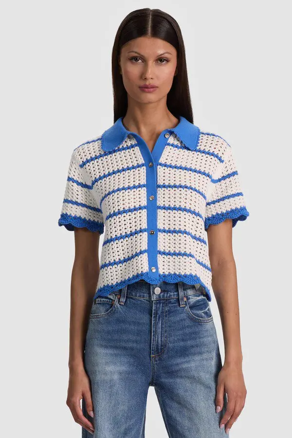 Alice + Olivia Randall Pointelle Polo Cardigan - Blue
