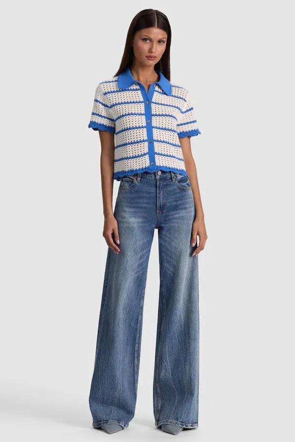 Alice + Olivia Randall Pointelle Polo Cardigan - Blue