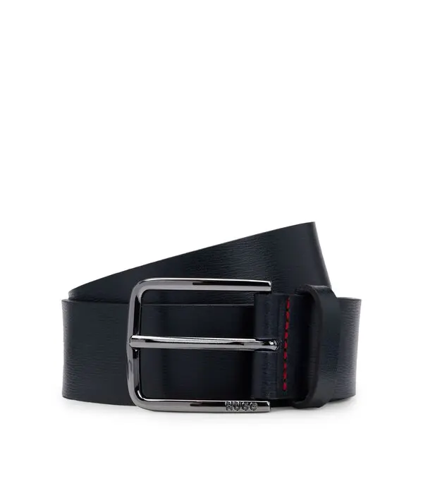 Hugo Grained Leather Belt With Red Stitching And Pin Buckle - Dark Blue