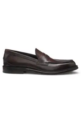 BOSS Italian-made Soft Leather Loafers With Penny Trim - Dark Brown