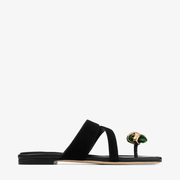 JIMMY CHOO Emeri Black Suede Flat Sandals With Resin Stone Embellishment - Black/clover