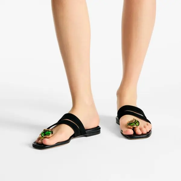 JIMMY CHOO Emeri Black Suede Flat Sandals With Resin Stone Embellishment - Black/clover