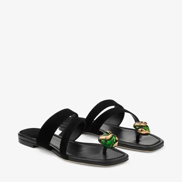JIMMY CHOO Emeri Black Suede Flat Sandals With Resin Stone Embellishment - Black/clover