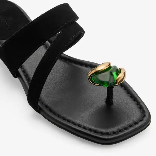 JIMMY CHOO Emeri Black Suede Flat Sandals With Resin Stone Embellishment - Black/clover