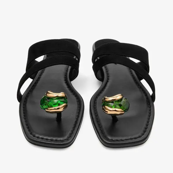 JIMMY CHOO Emeri Black Suede Flat Sandals With Resin Stone Embellishment - Black/clover