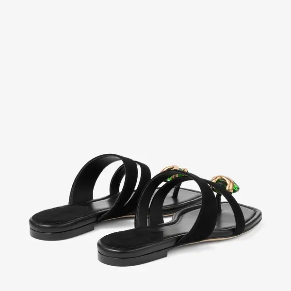 JIMMY CHOO Emeri Black Suede Flat Sandals With Resin Stone Embellishment - Black/clover
