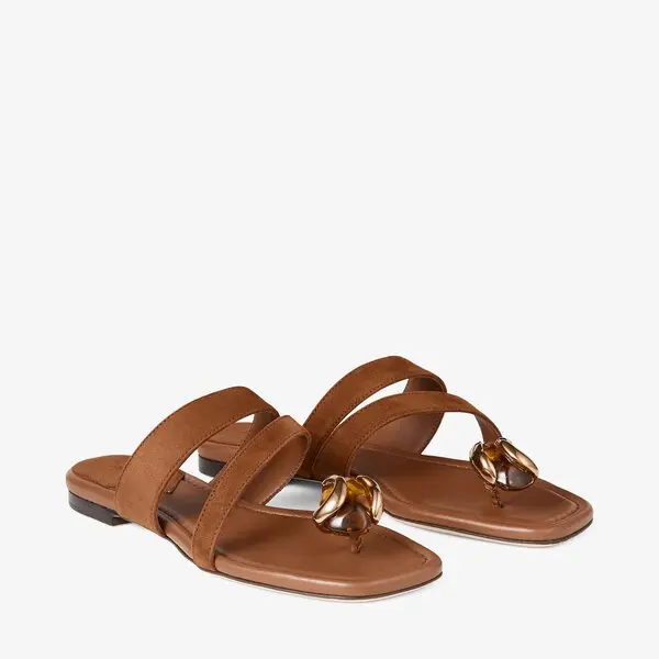 JIMMY CHOO Emeri Stone Flat Sandals - Tan/amber