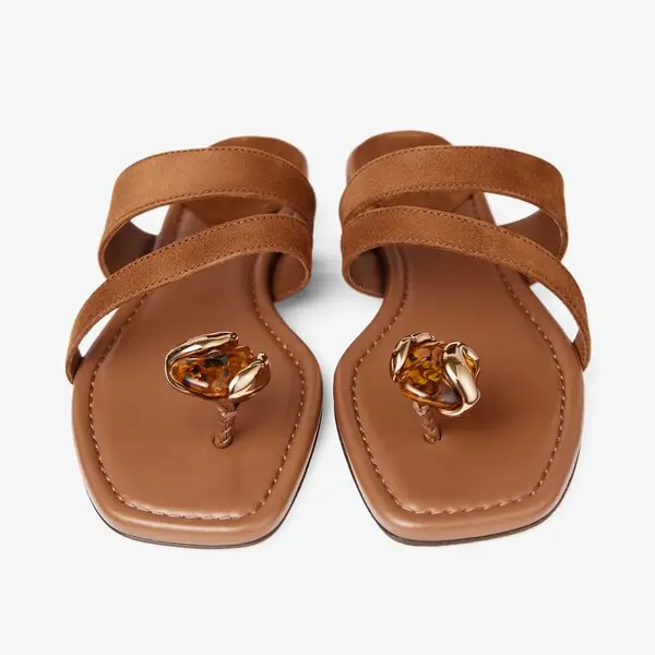 JIMMY CHOO Emeri Stone Flat Sandals - Tan/amber