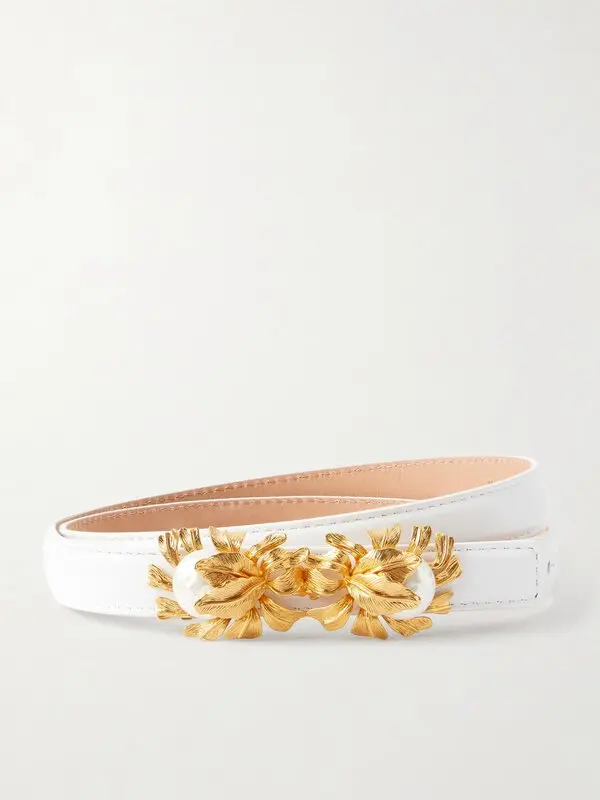 SONIA PETROFF Moonflower Embellished Leather Belt With Faux Pearls - White