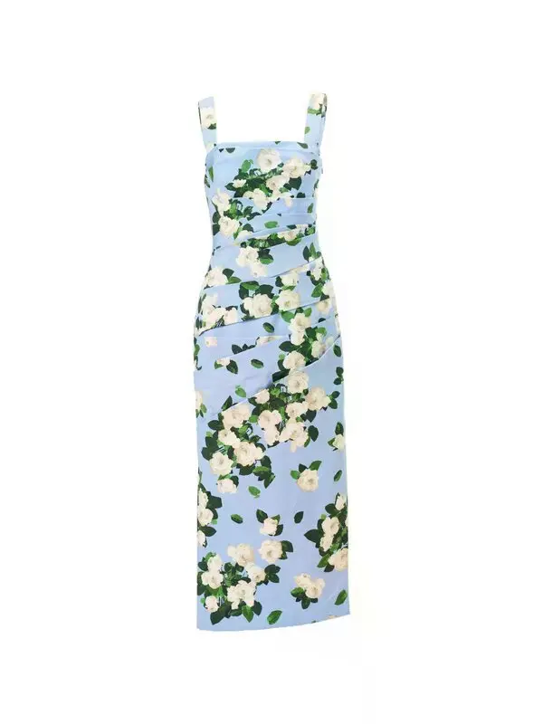 Carolina Herrera Floral Print Draped Midi Dress - Blue