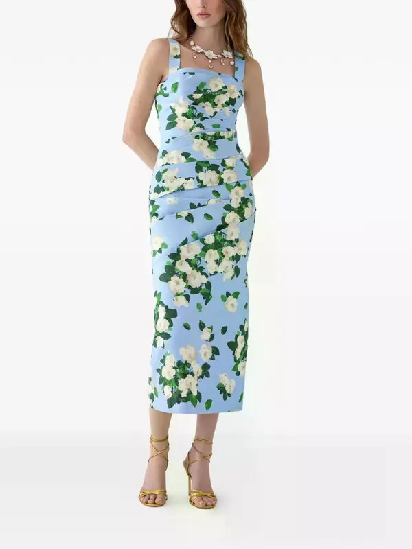Carolina Herrera Floral Print Draped Midi Dress - Blue