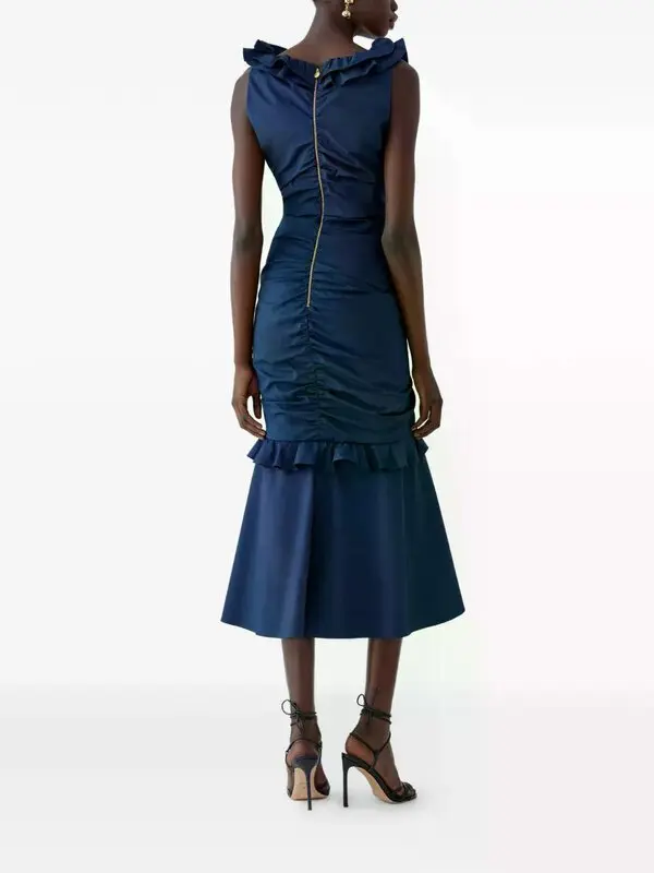 Carolina Herrera Ruched Ruffled V-neck Midi Dress - Blue