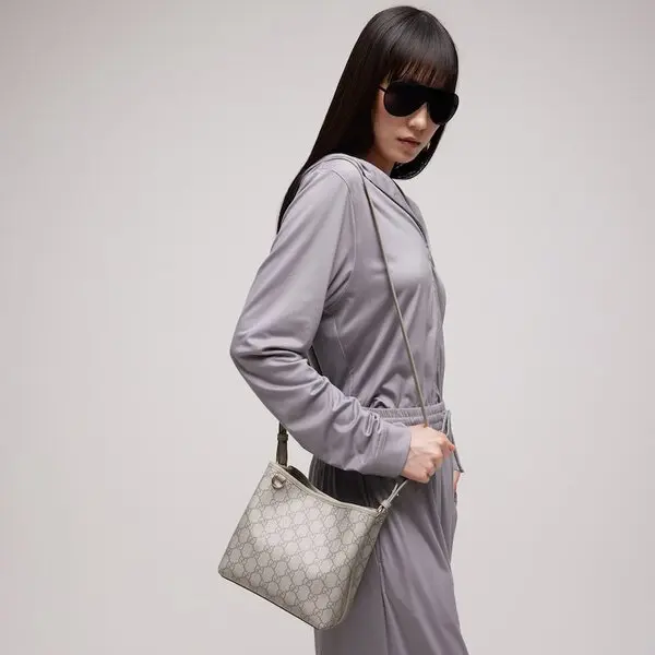 Gucci Gg Emblem Small Bucket Bag In Monogram Coated Fabric - Grey