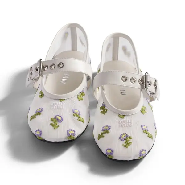 Miu Miu Embroidered Mesh Ballerinas - White
