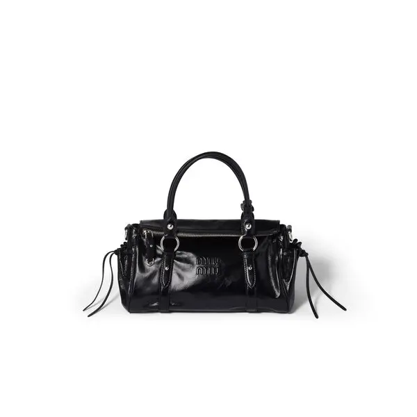 Miu Miu Glossy Leather Handheld Bag With Detachable Shoulder Strap - Black