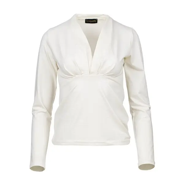 CONQUISTA Neutrals Off- Jersey Top With V-neck Detail – Viscose Blend, Long Sleeve - White