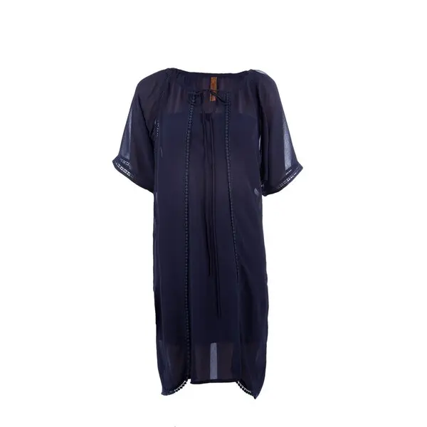 CONQUISTA Sheer Embroidered Tie Neck Dress