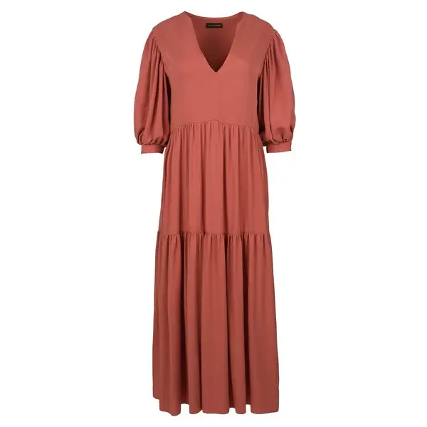 CONQUISTA V-neck Puff Sleeve Maxi Dress