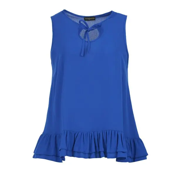 CONQUISTA Sleeveless Crepe Ruffle Top - Blue