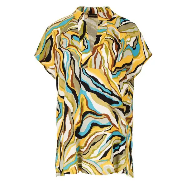 CONQUISTA Sleeveless Mandarin Collar Swirl Print Top - Blue
