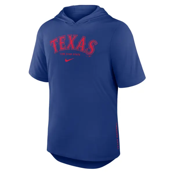 Nike Texas Rangers Arched Wordmark Dri-fit Mlb Hooded T-shirt - Blue