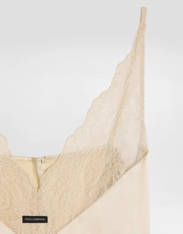 Dolce & Gabbana Silk Satin Top With Lace Trim - Beige