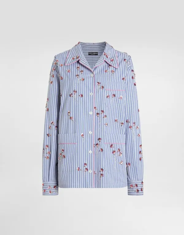 Dolce & Gabbana Poplin Shirt With Crystal Flower Embroidery - Multicolor