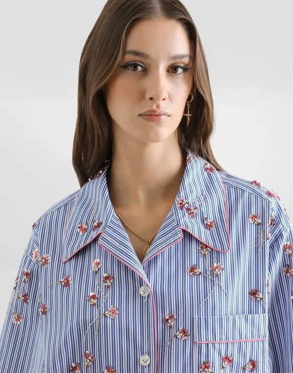 Dolce & Gabbana Poplin Shirt With Crystal Flower Embroidery - Multicolor
