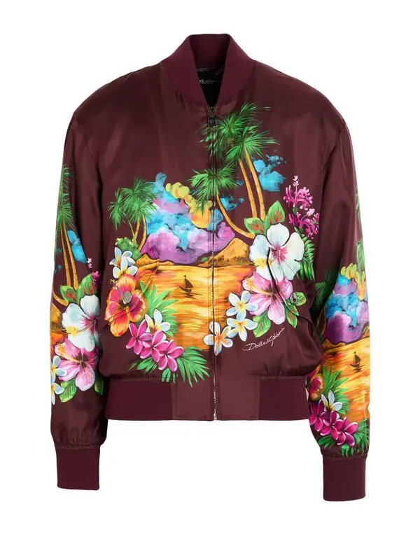 Dolce & Gabbana Bomber Jacket In Chocolate Silk With Floral Print - Brown