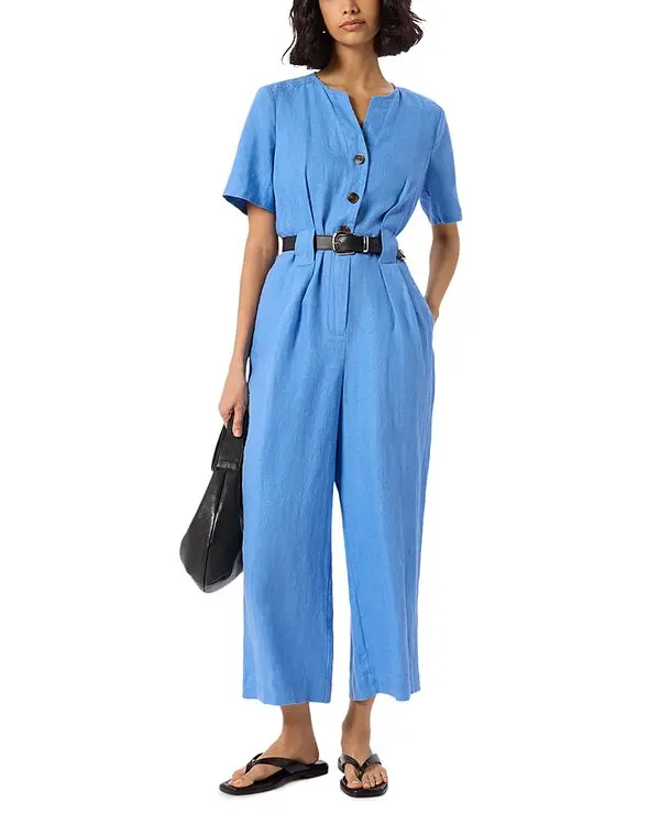 Whistles Fiona Linen Button Jumpsuit - Blue