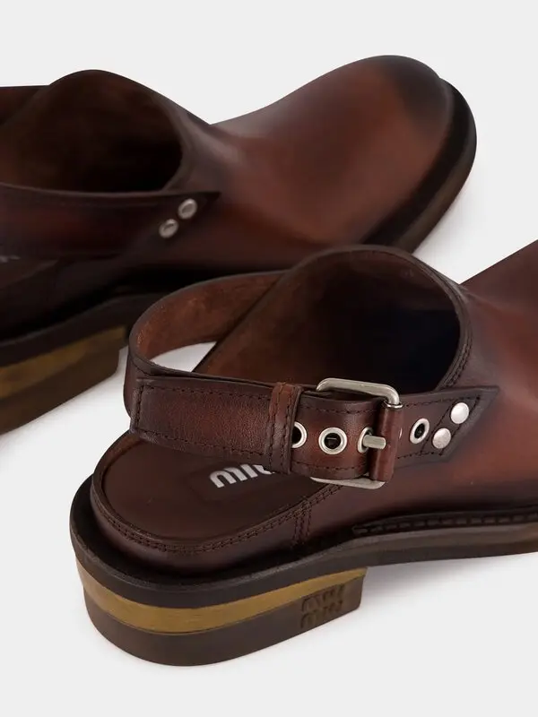 Miu Miu Coffee Calf Leather Mules With Adjustable Strap - Brown