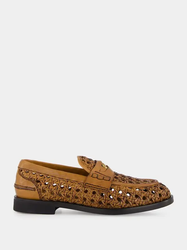 Miu Miu Woven Leather Loafers - Brown