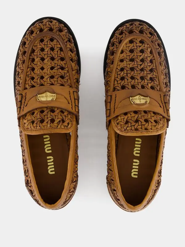 Miu Miu Woven Leather Loafers - Brown