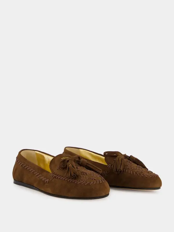 Prada Cocoa Tassel Suede Leather Loafers - Brown